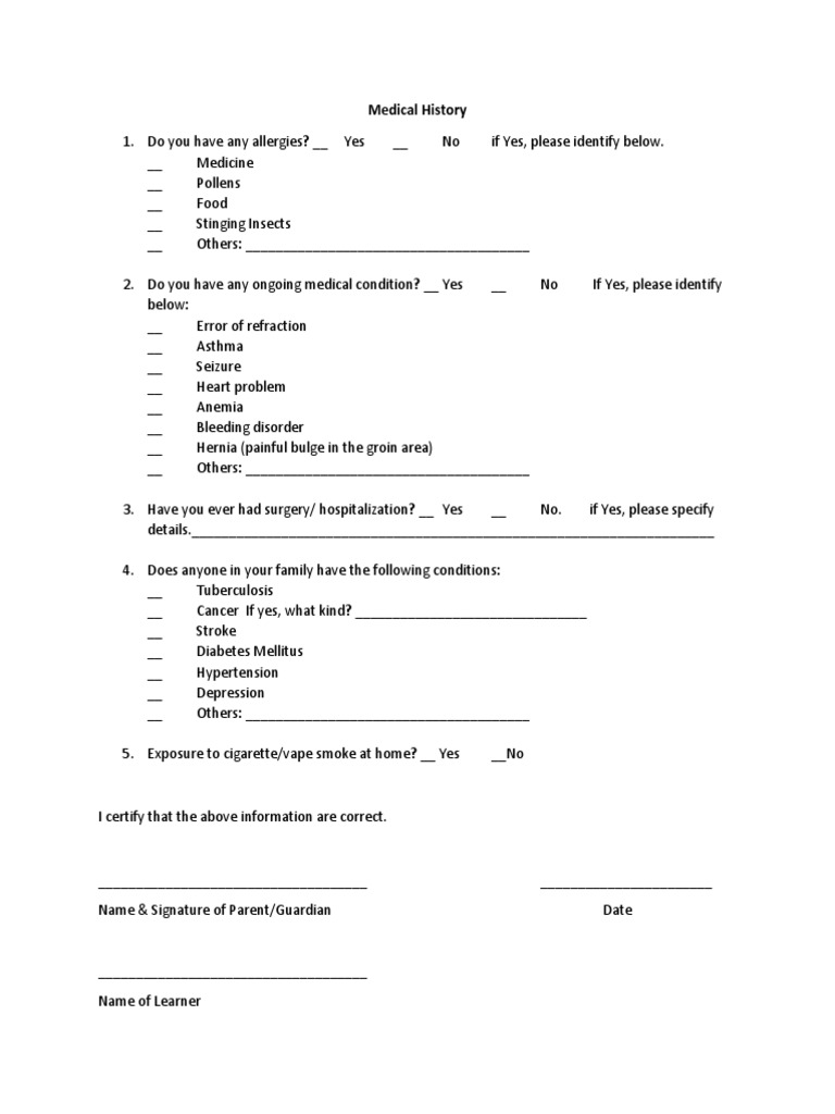 Student Health History Form | PDF | Wellness