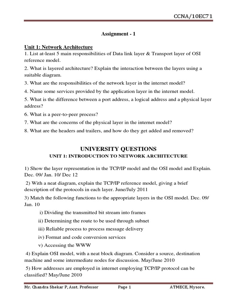Assignment - 1 Unit 1: Network Architecture: University Questions | PDF | Internet Protocol ...