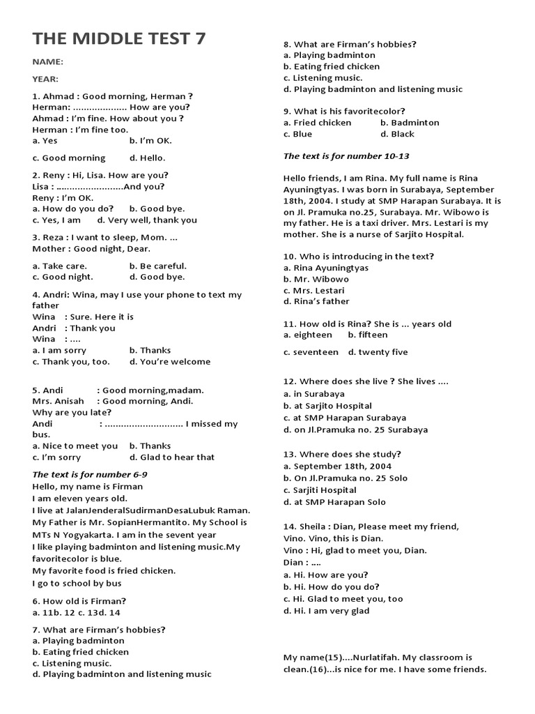 The Middle Test 7: Name: Year | PDF | Syntax | Languages