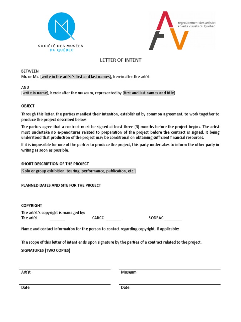Artist-Museum Letter of Intent Template | PDF