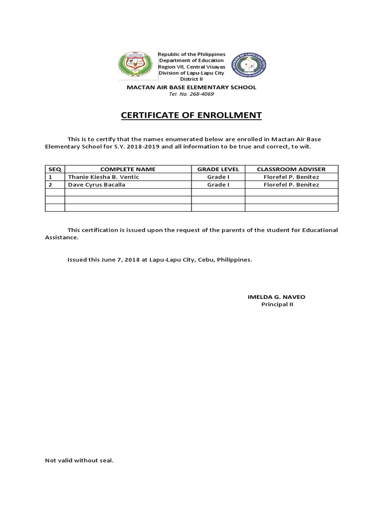 Certificate of Enrollment For School Assistance | PDF