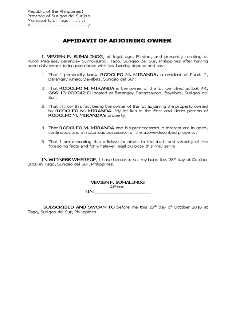 Affidavit of Adjoining Owner | PDF