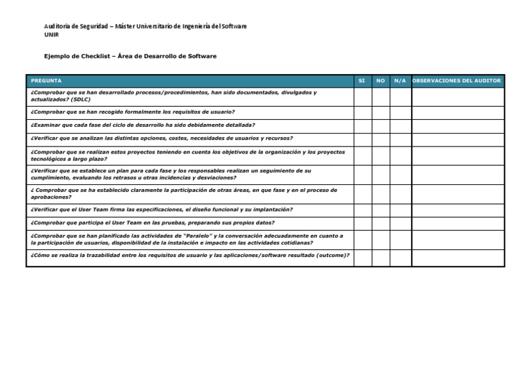 Ejemplo de Checklist en Desarrollo de Software | PDF