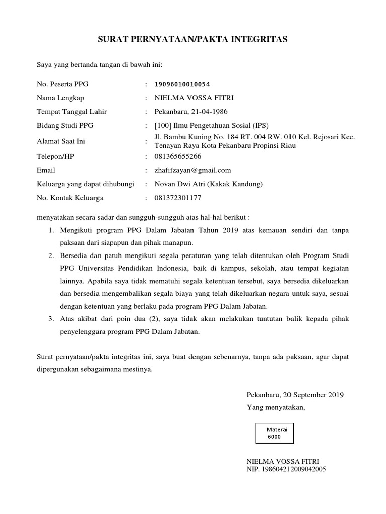 Surat Pernyataan Upi 2019 | PDF
