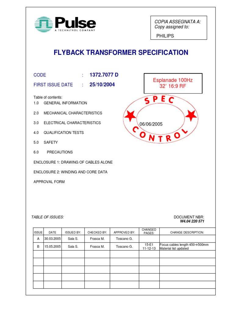 Flyback Transformer Specification: Code: First Issue Date | PDF ...