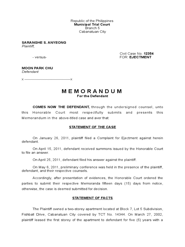 Ejectment Case Memorandum: Anyeong vs. Chu | PDF | Pleading | Complaint