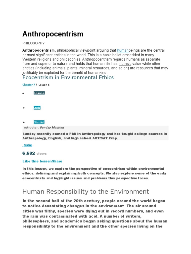 Anthropocentrism: Ecocentrism in Environmental Ethics | PDF ...