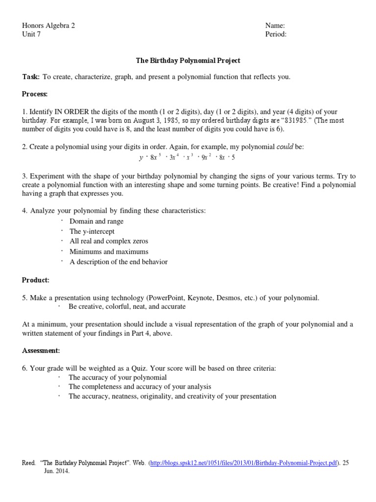 The Birthday Polynomial Project Task: To Create, Characterize, Graph ...