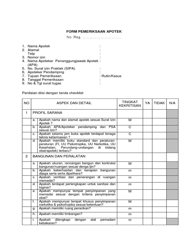 Check List Pemeriksaan Sarana Apotek - Pelayanan Obat Dan Napza 2018 | PDF