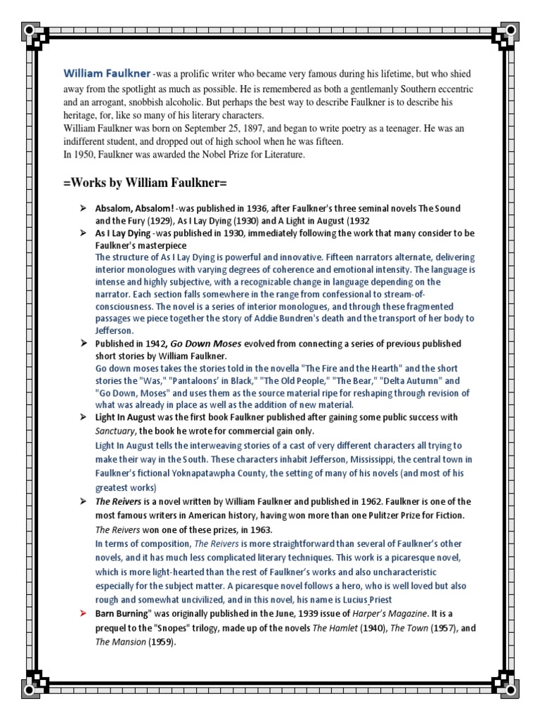 An Overview of William Faulkner's Literary Career and Major Works | PDF ...