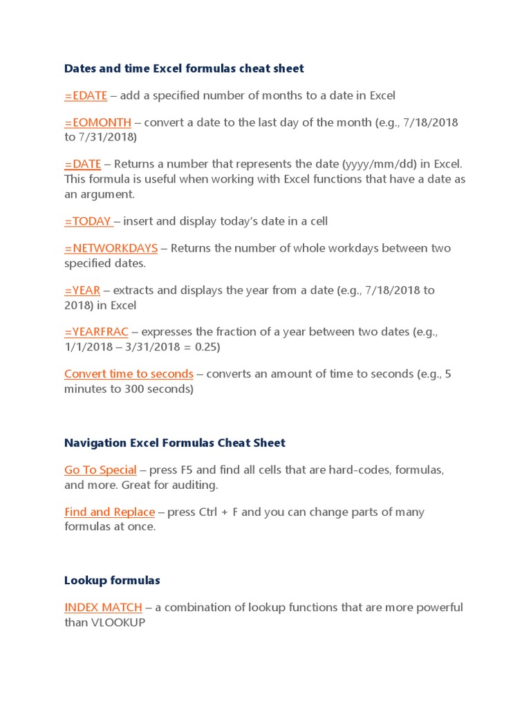 Edate Eomonth Date: Dates and Time Excel Formulas Cheat Sheet | PDF ...