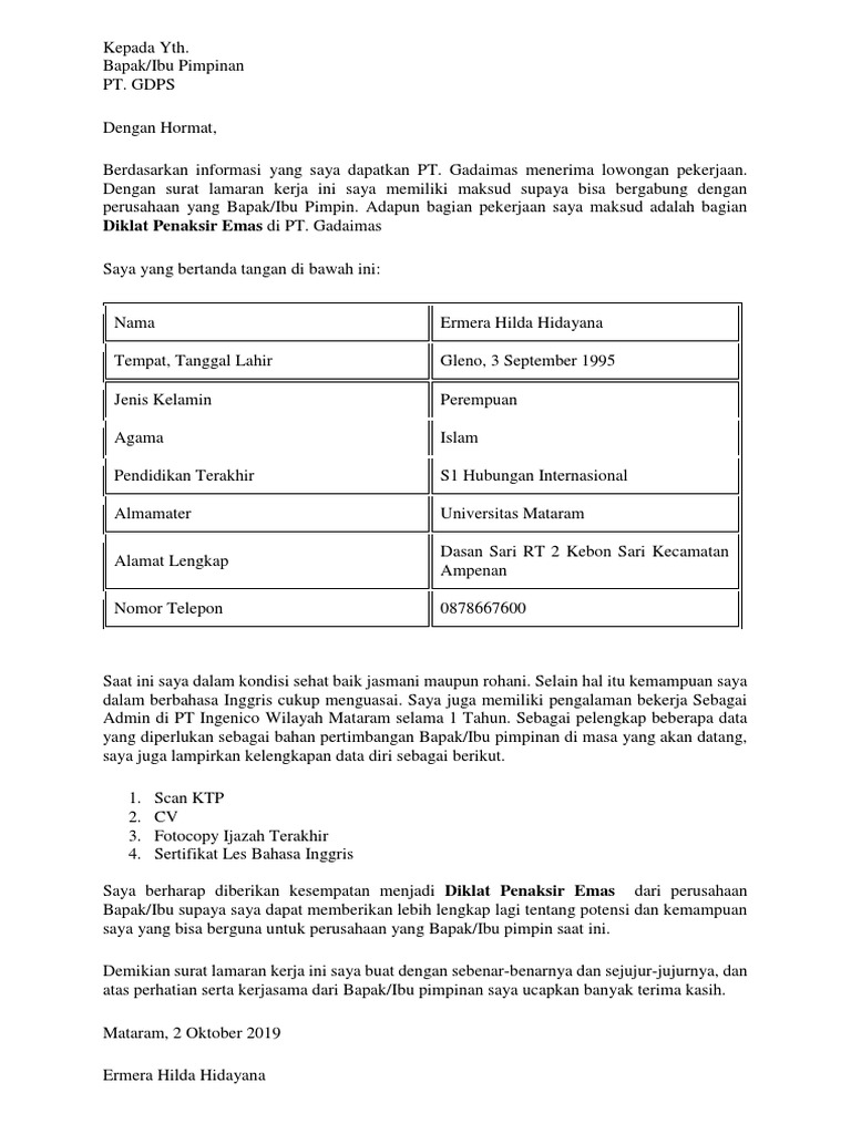 Lamaran Kerja Gadaimas | PDF