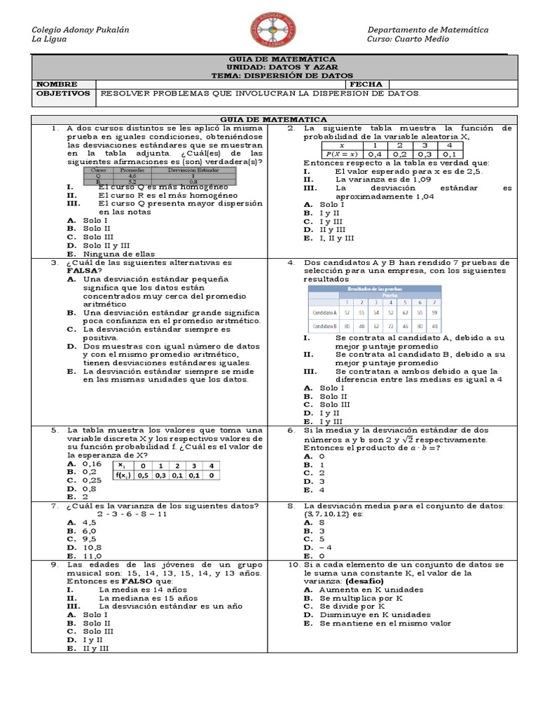 Guia de Dispersion de Datos 2017 | PDF | Desviación Estándar | Diferencia