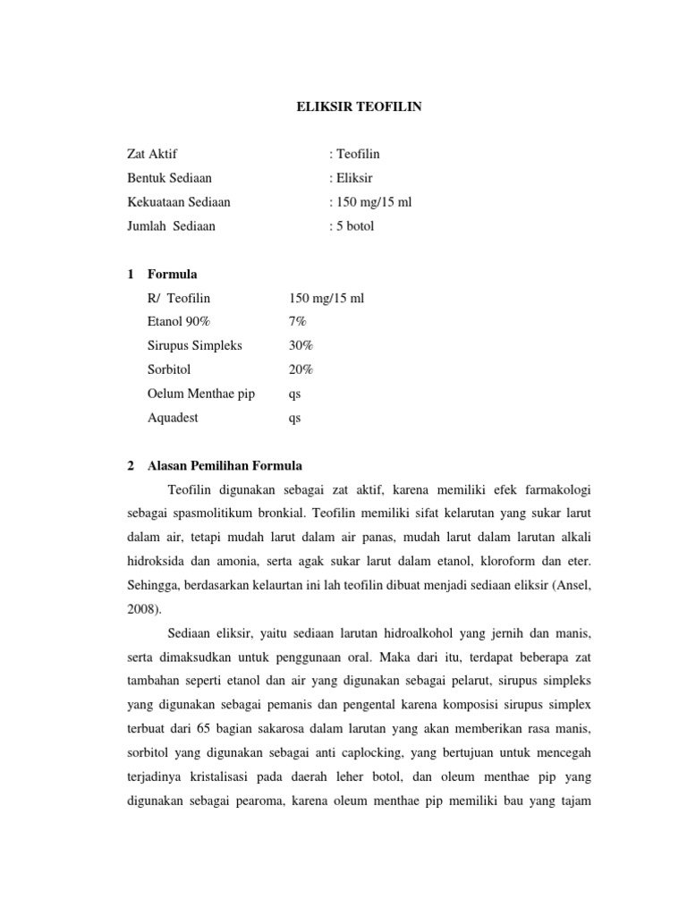 Eliksir Teofilin: Formulasi dan Stabilitas | PDF | Memasak, Makanan ...