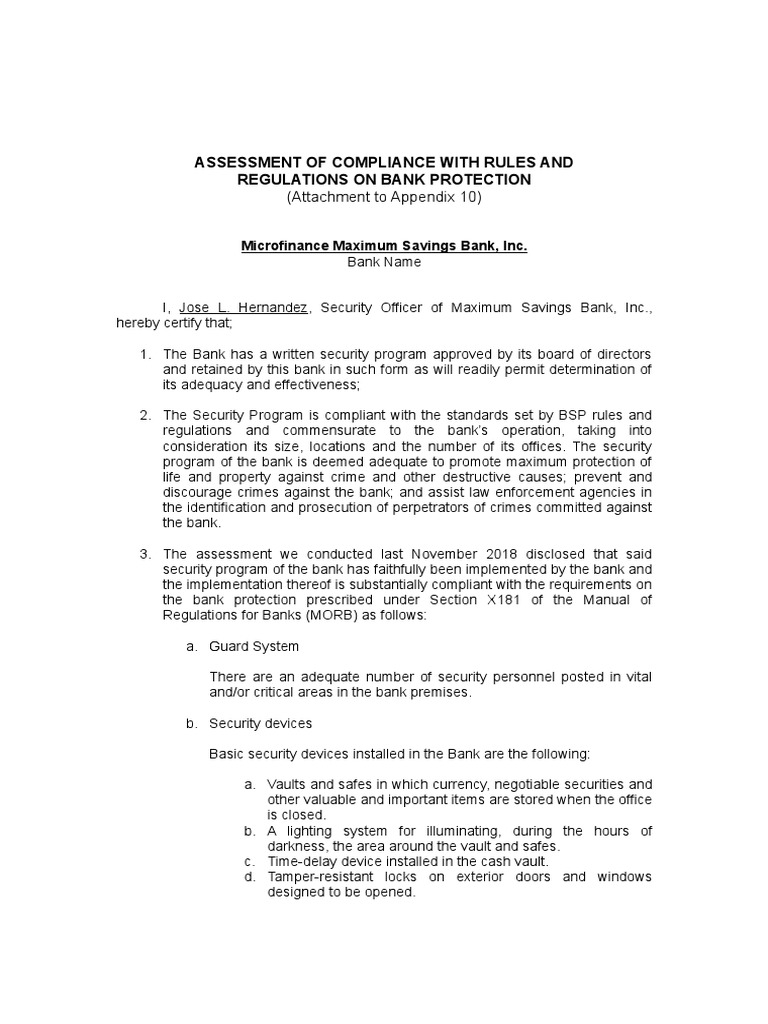 Assessment of Compliance With Rules and Regulations On Bank Protection ...