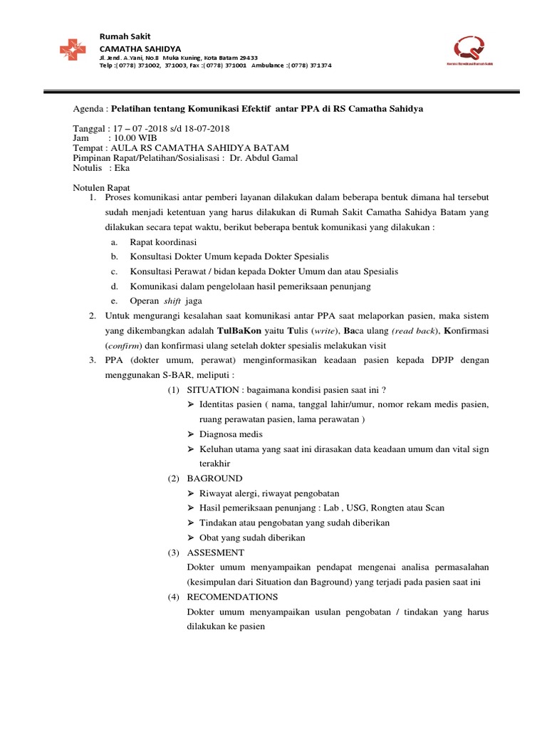 Pelatihan Komunikasi Efektif RS Camatha | PDF