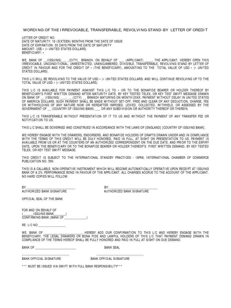 Wording SBLC | PDF | Letter Of Credit | Banking