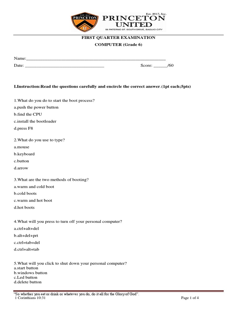 Grade 6 Computer Exam Guide | PDF | Booting | Icon (Computing)