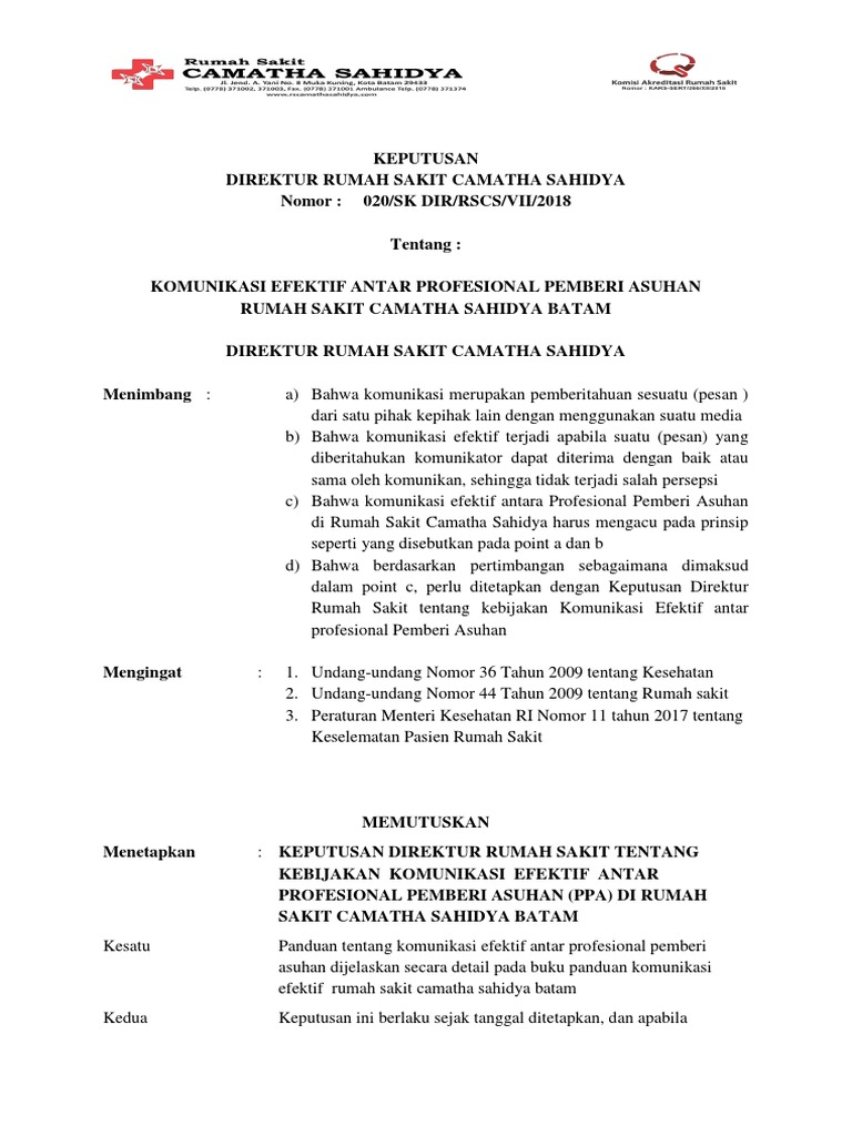 Kebijakan Komunikasi Efektif PPA RSCS | PDF