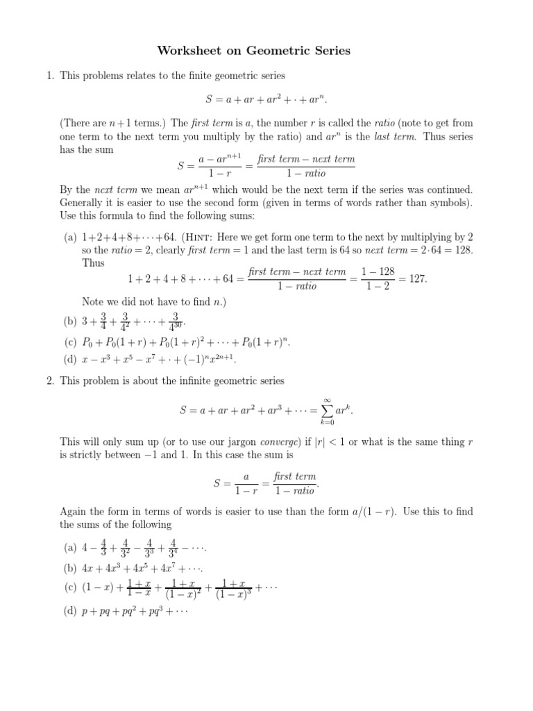Worksheet On Geometric Series | PDF | Elementary Mathematics | Teaching ...