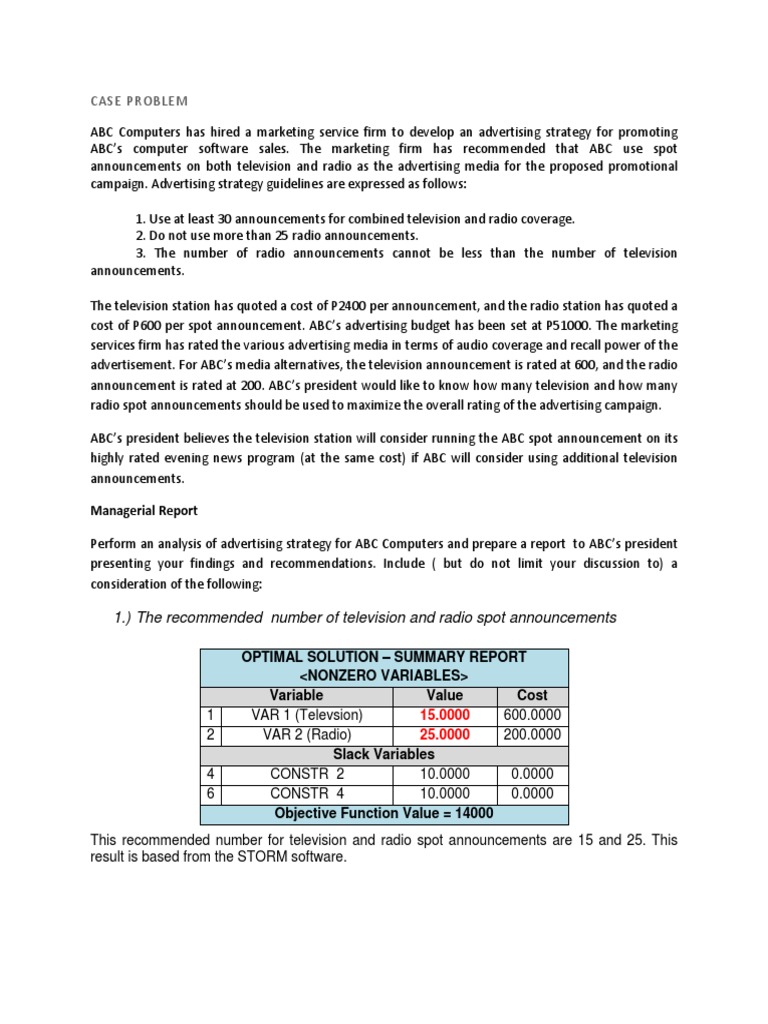 Case Problem Linear Programming | PDF | Television | Television Advertisement