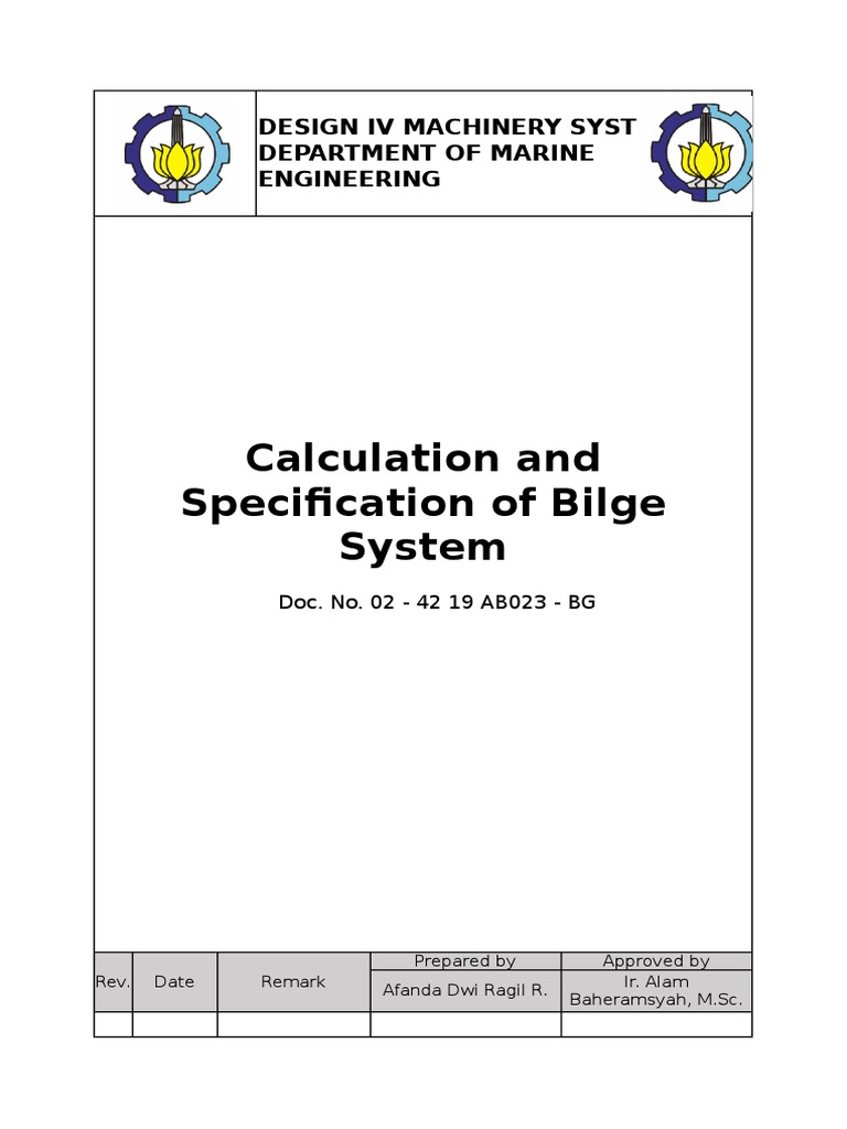 Calculation and Specification of Bilge System: Design Iv Machinery System Department of Marine ...