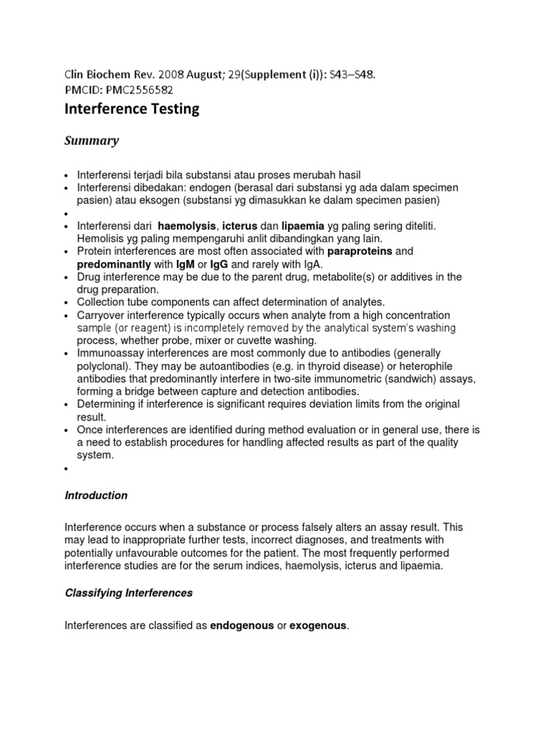 Interference Testing: Clin Biochem Rev. 2008 August 29 (Supplement (I ...