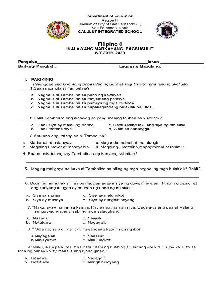 Filipino 6 2nd Periodical Test 2019 | PDF