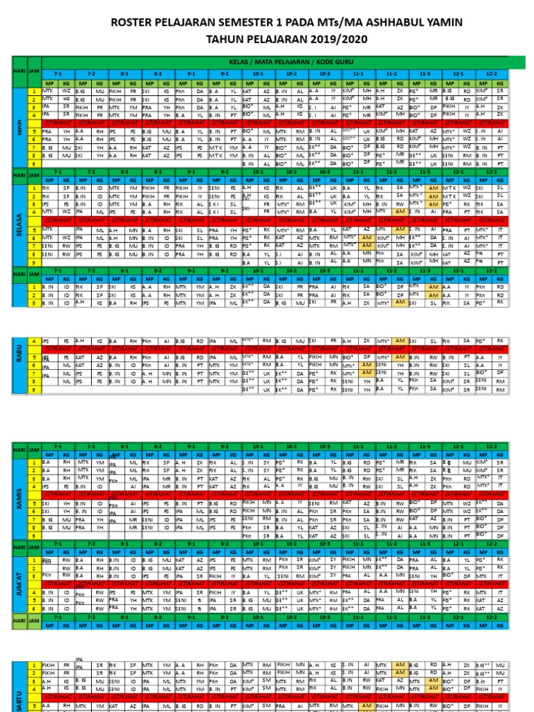 Roster Pelajaran Semester 1 Pada Mts/Ma Ashhabul Yamin TAHUN PELAJARAN ...
