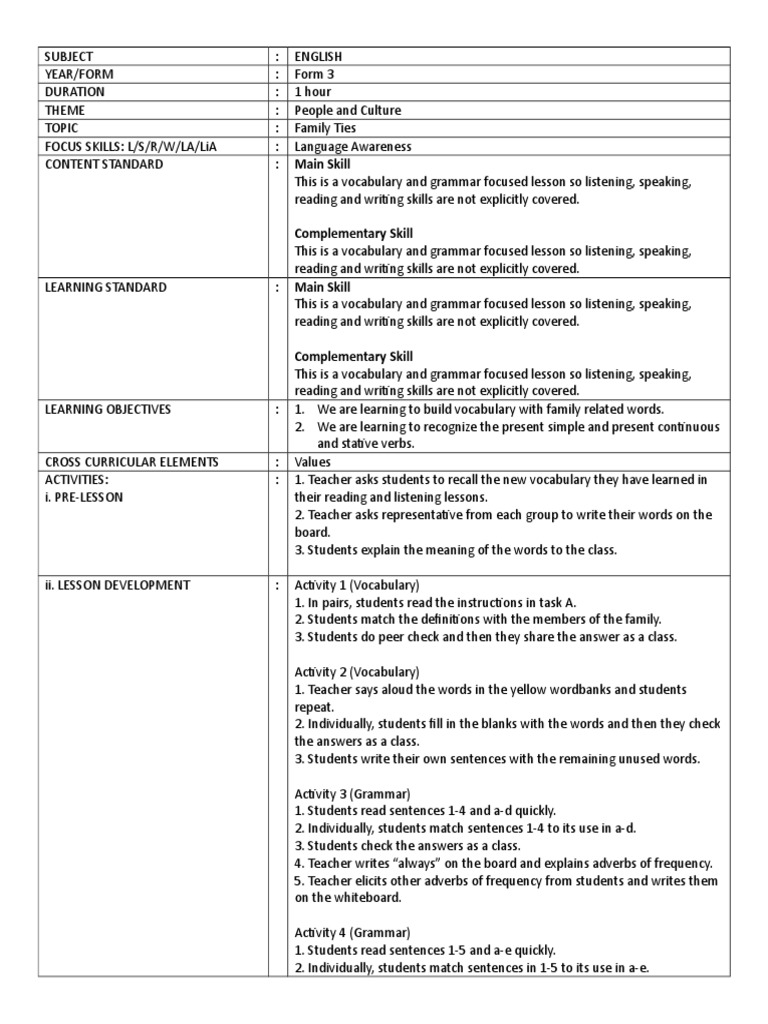 Language Awareness Lesson Plan CEFR (FORM 3) | PDF
