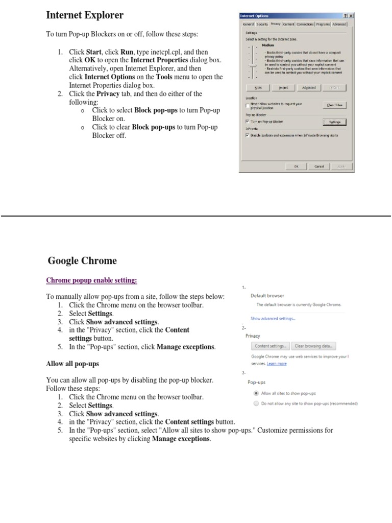Internet Explorer: Chrome Popup Enable Setting | PDF | Business | Computers