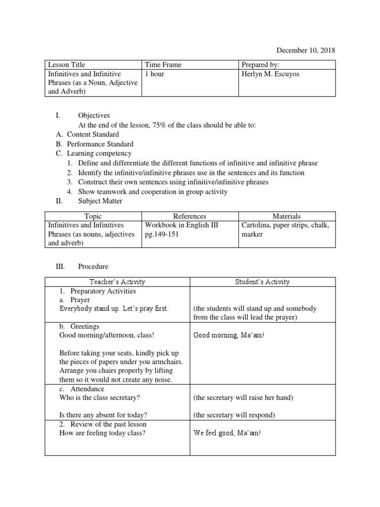 Infinitives Lesson Plan 1 | PDF | Verb | Adverb