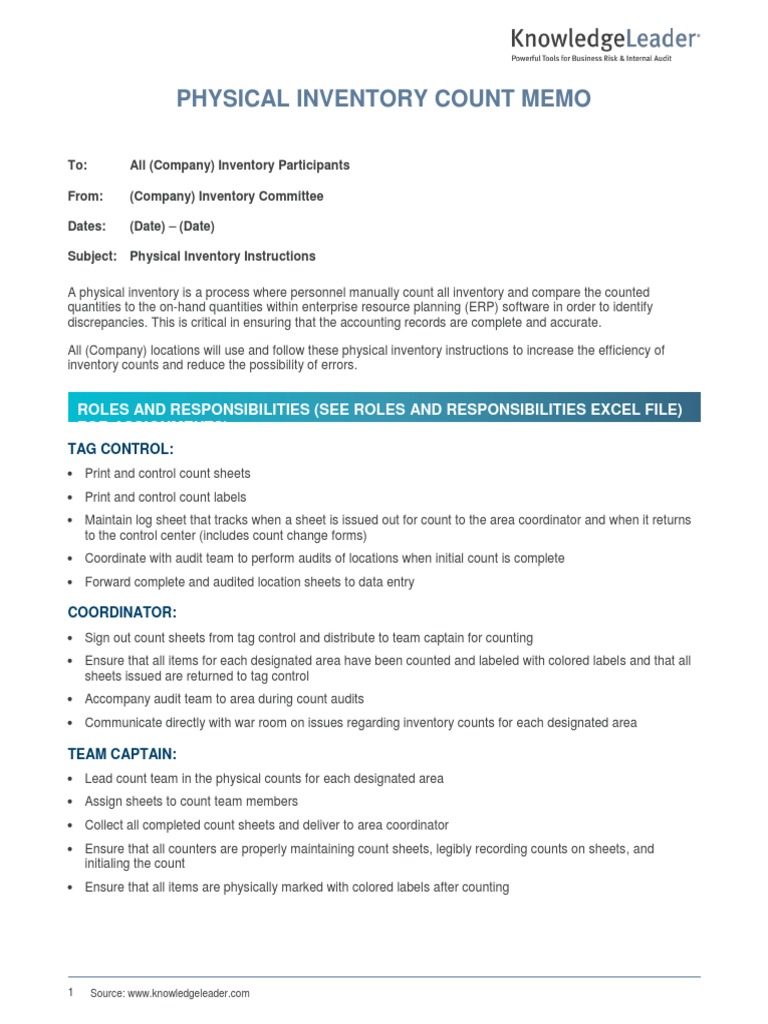 Physical Inventory Count Memo: Roles and Responsibilities (See Roles ...