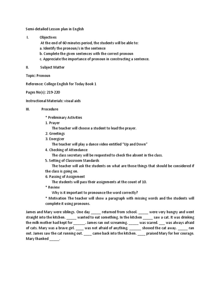 A Comprehensive Lesson Plan on Identifying and Using Pronouns | PDF ...