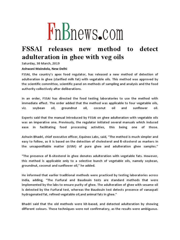 Fssai Ghee Adulteration | PDF | Vegetable Oil | Coconut Oil