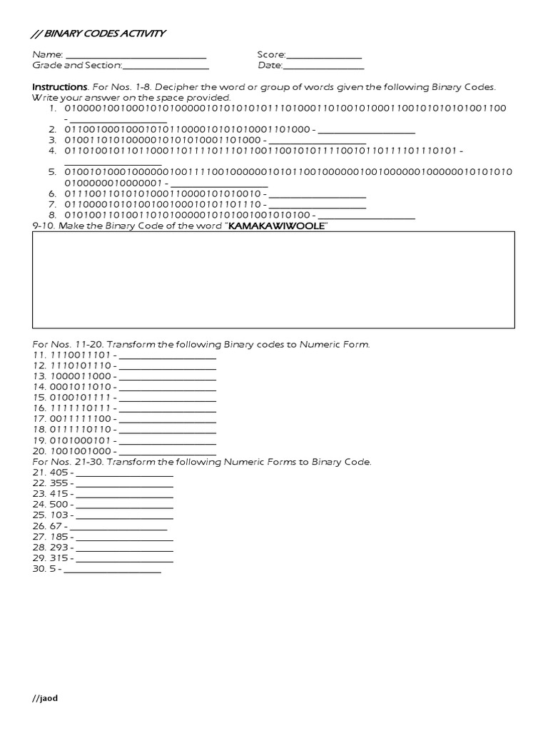 Binary Codes Activity PDF