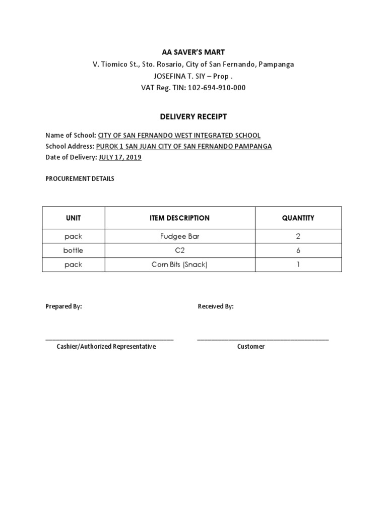 Sample Delivery Receipt Template | PDF | Business