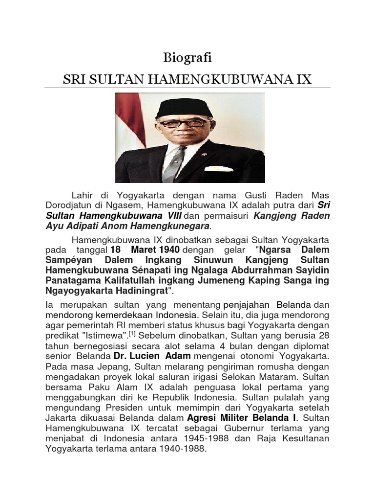 Biografi. Sri Sultan Hamengkubuwono IX | PDF Biografi. Sri Sultan Hamengkubuwono IX | PDF