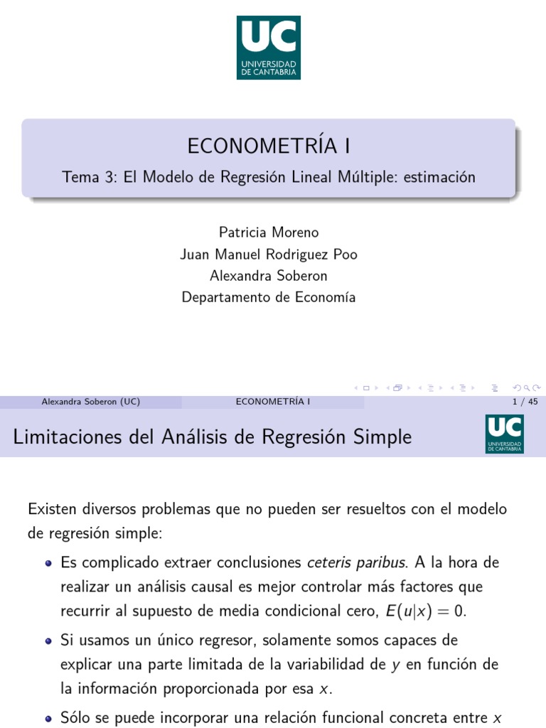 Econometr Ia I: Tema 3: El Modelo de Regresi On Lineal M Ultiple: Estimaci On | PDF ...