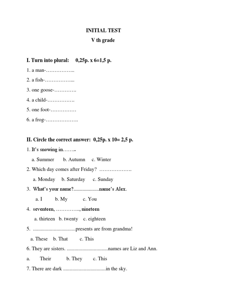 Initial Test for 5th Grade English | PDF | Language Arts & Discipline