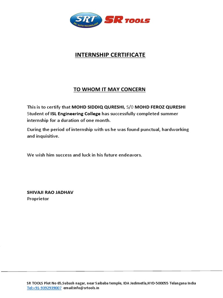 Internship Certificate: To Whom It May Concern | PDF