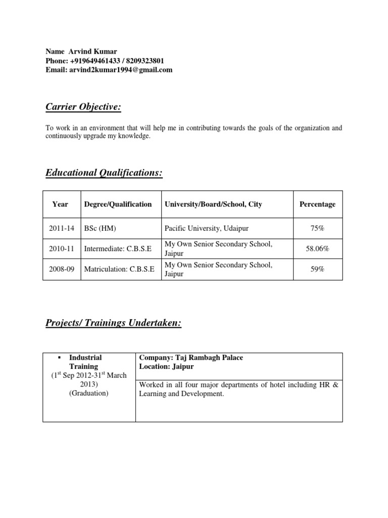 Arvind Kumar Resume: Hospitality Graduate | PDF