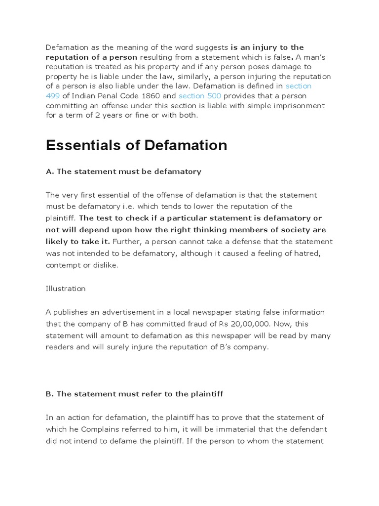 Essentials of Defamation: Section 499 Section 500 | PDF | Defamation ...