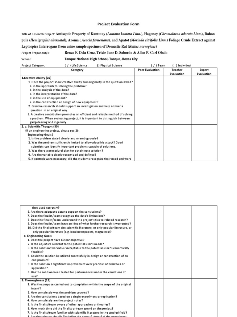 Project Evaluation Forms | PDF | Experiment | Science
