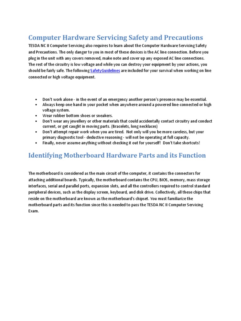 Computer Hardware Servicing Safety and Precautions | PDF | Bios ...