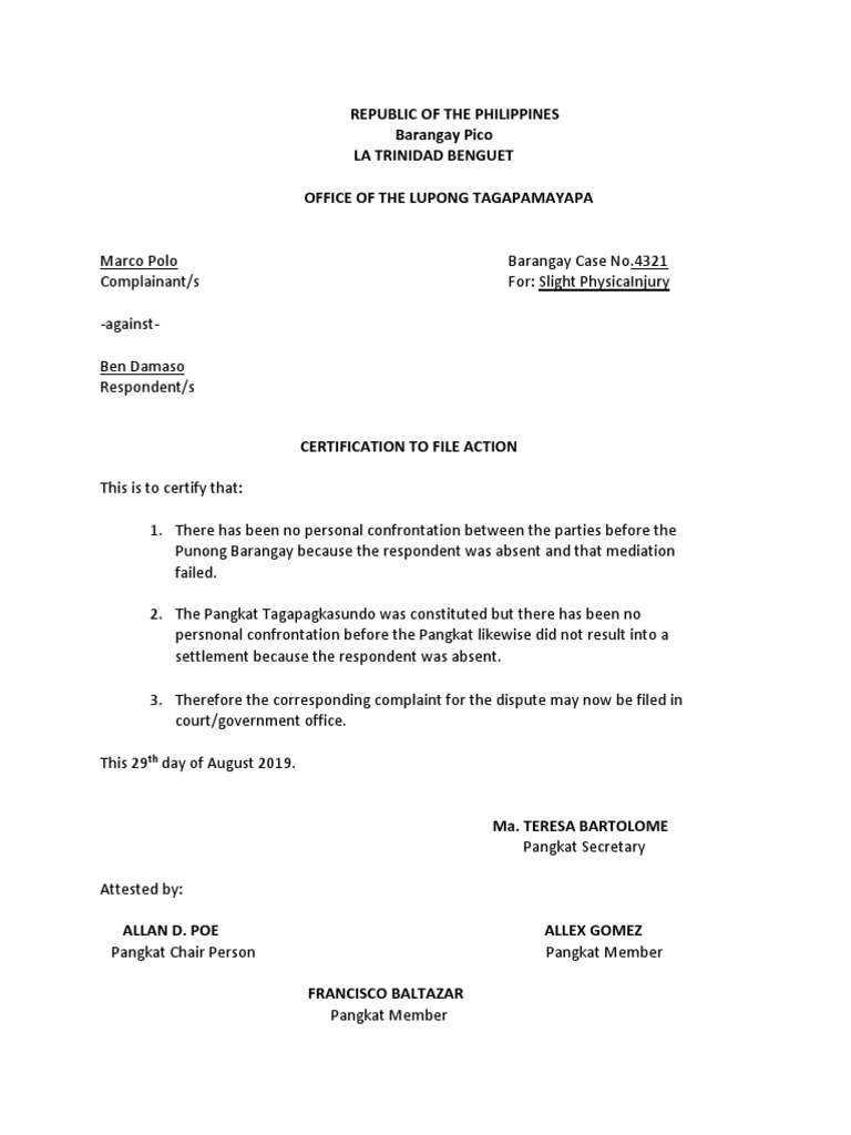 Certification for Legal Action in Barangay Case | PDF