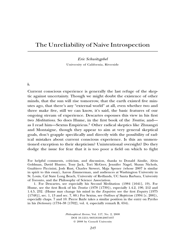 The Unreliability of Naive Introspection: Eric Schwitzgebel | PDF ...