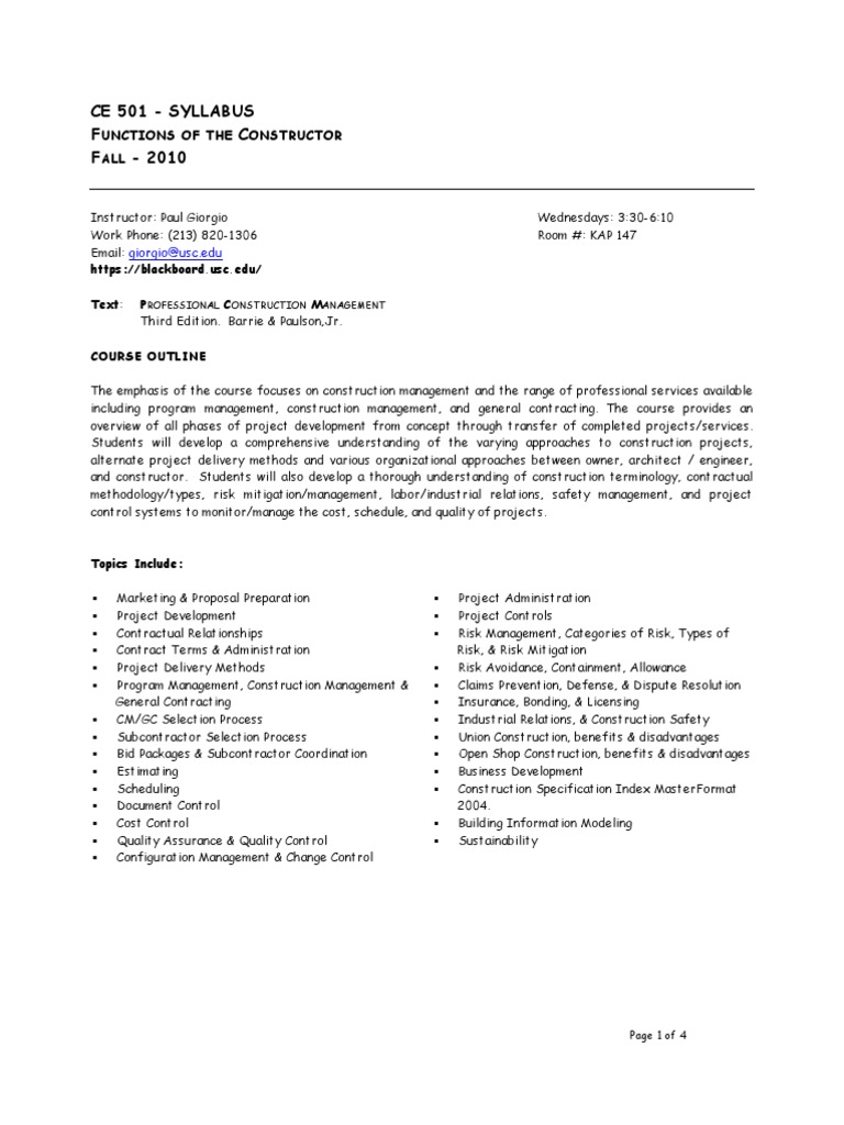 CE 501: Construction Management Syllabus | PDF | Construction Management | Risk Management
