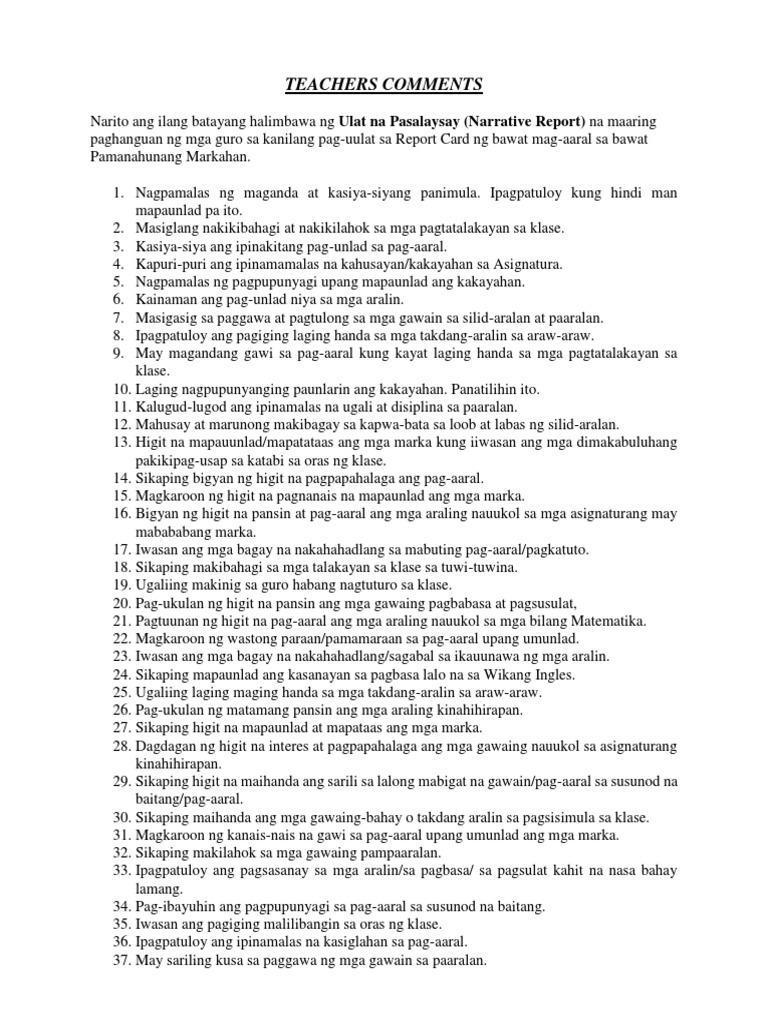 Teachers Comments For Students | PDF