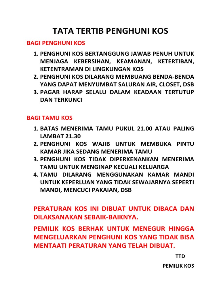 Tata Tertib Penghuni Kos | PDF